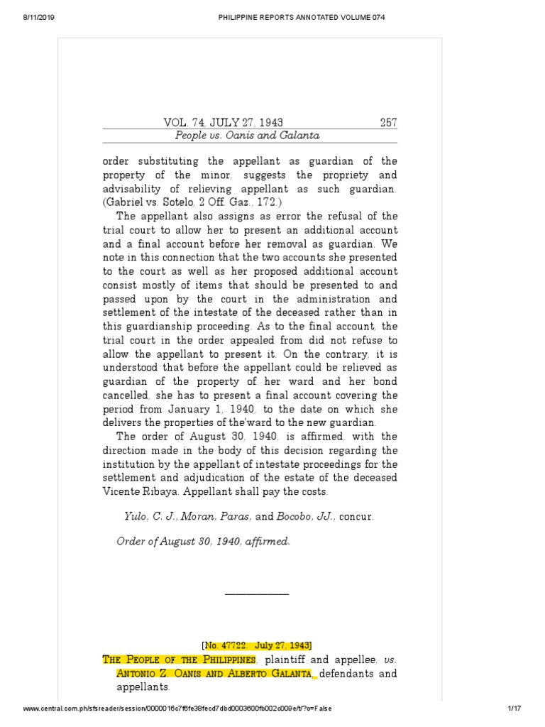 People vs. Oanis 74 Phil. 257 | PDF | Legal Guardian | Criminal Law
