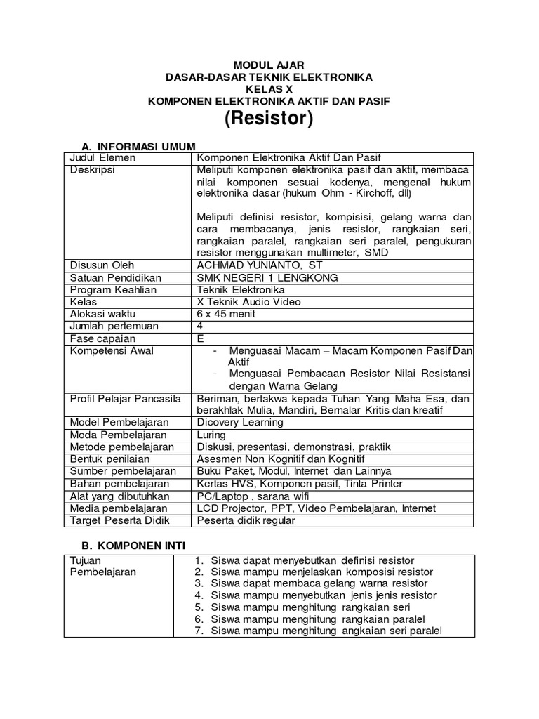 (Resistor) : Modul Ajar Dasar-Dasar Teknik Elektronika Kelas X Komponen ...