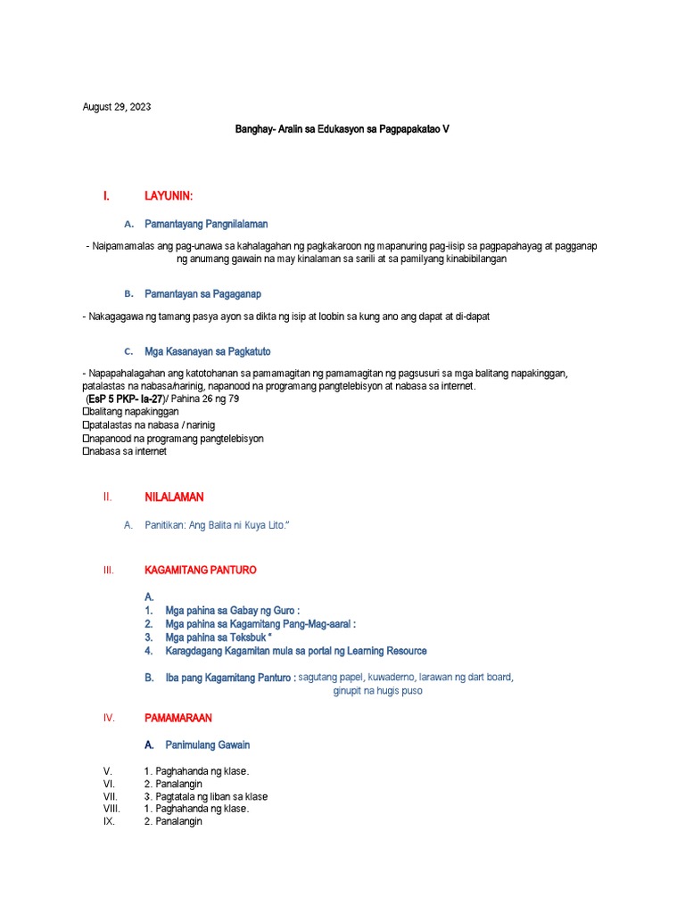 Lesson Plan In Esp Q1 W1 Pdf