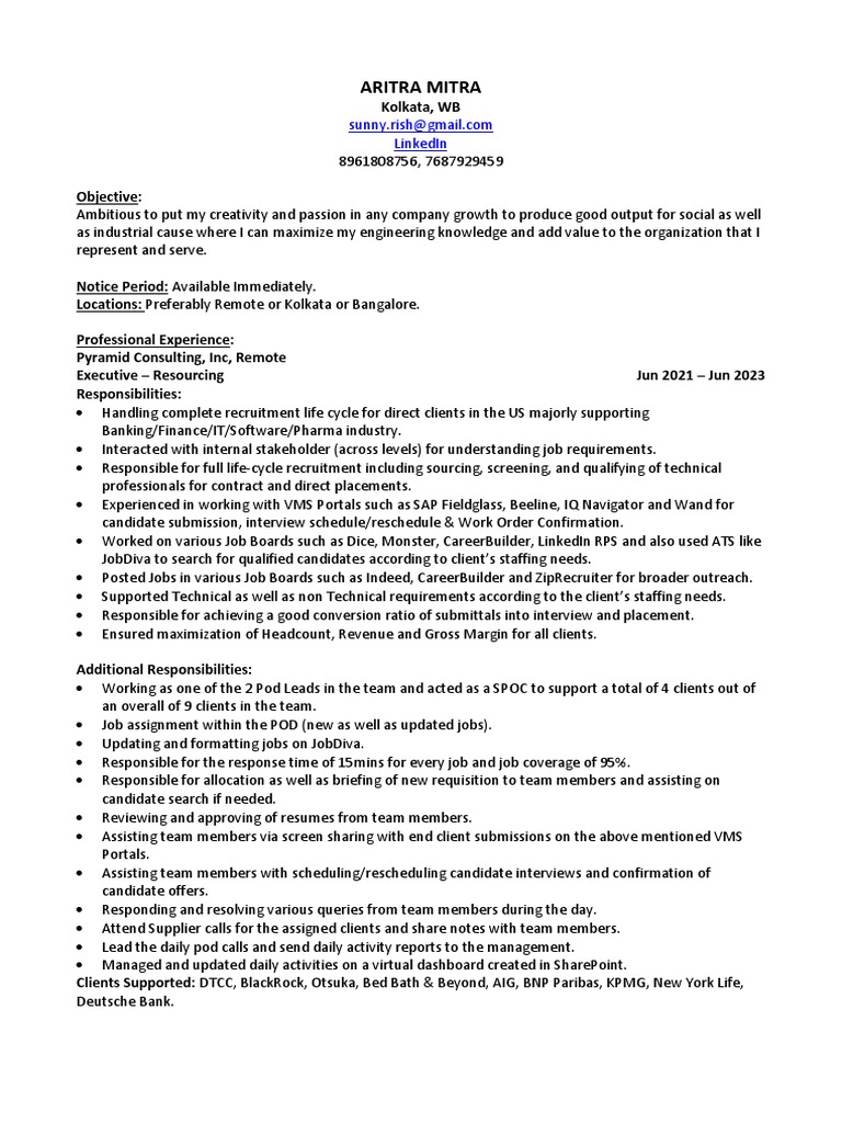 Aritra Mitra Resume-Updated | PDF | Recruitment | Consultant