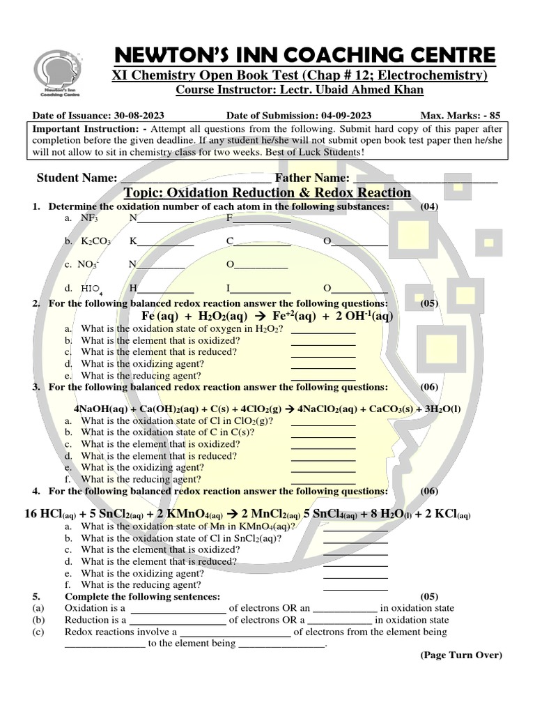 XI Chemistry Electrochemistry Test | PDF | Redox | Ion