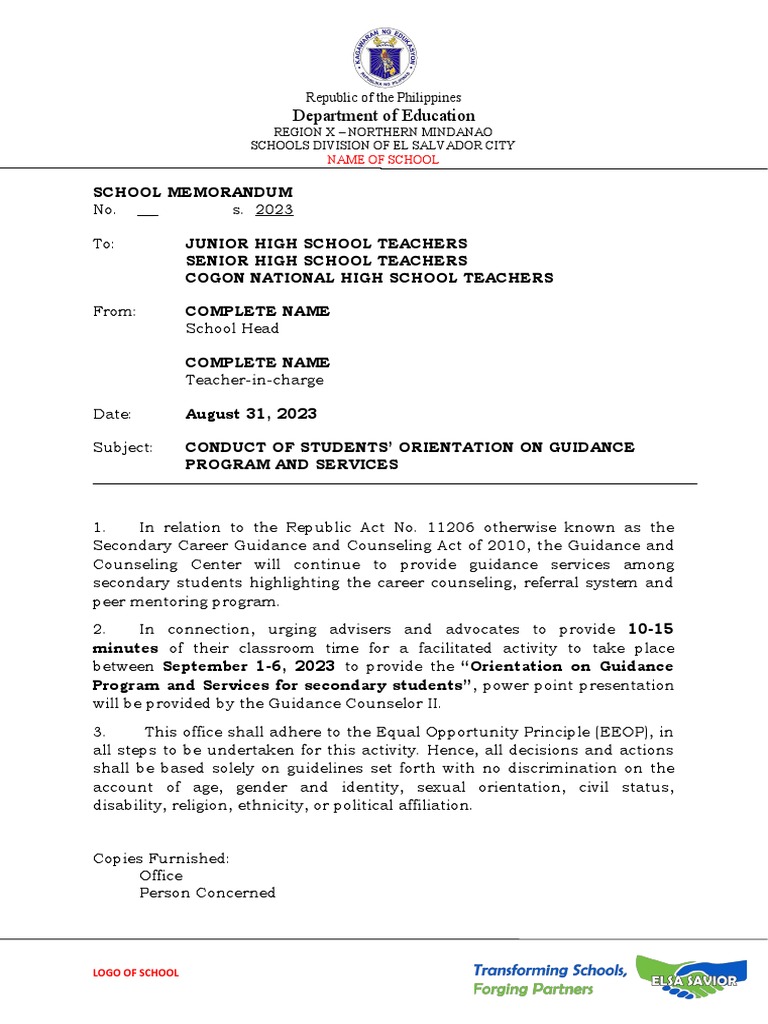 Memo - Conduct of Student Orientation On Guidance and Counseling ...