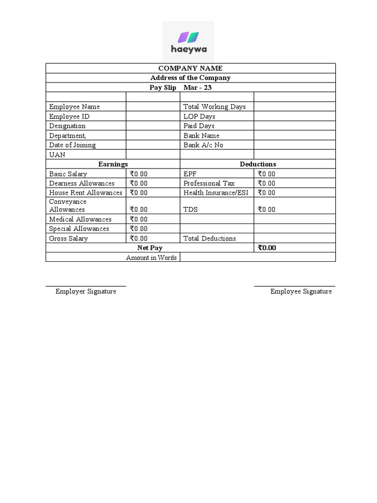 Pay Slip Format in Word | PDF