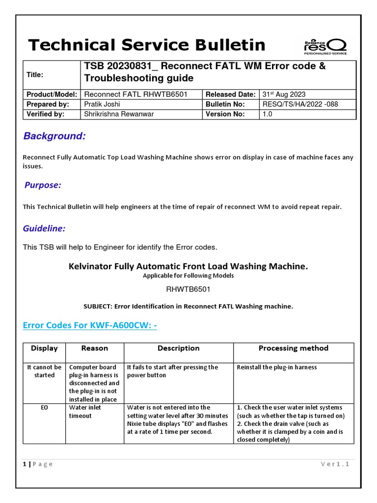 Tsb 20230831 Reconnect Fatl Wm Error Code Troubleshooting Guide