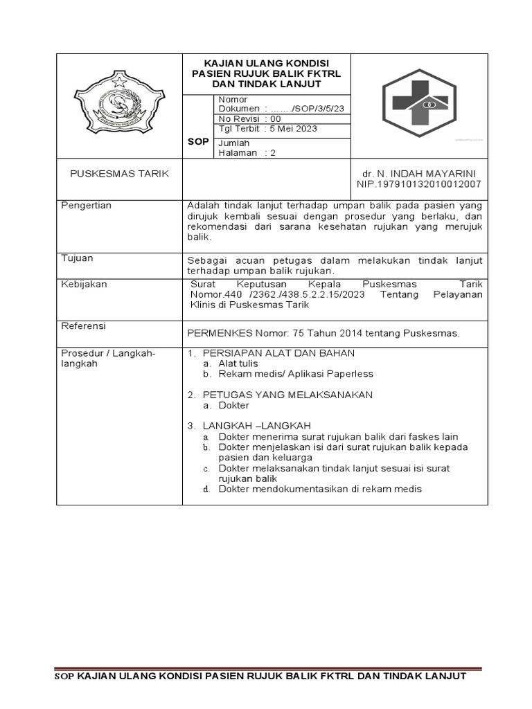 Sop Kajian Ulang Kondisi Pasien Rujuk Balik | PDF