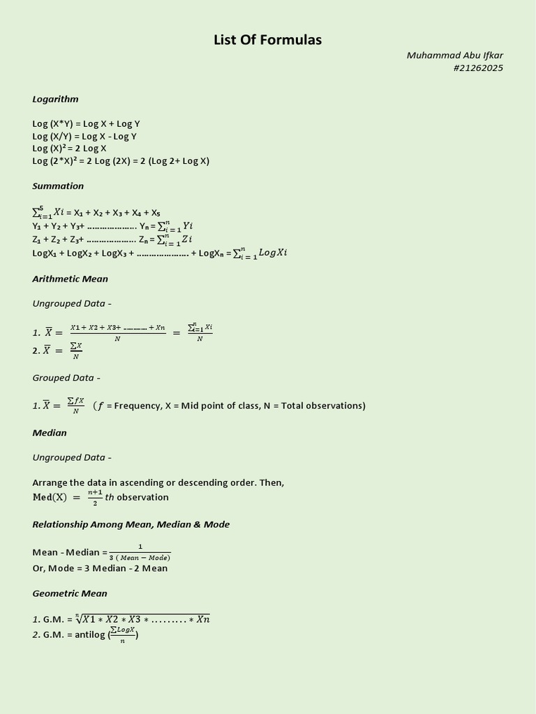 List of Formulas | PDF | Standard Deviation | Mathematical Analysis