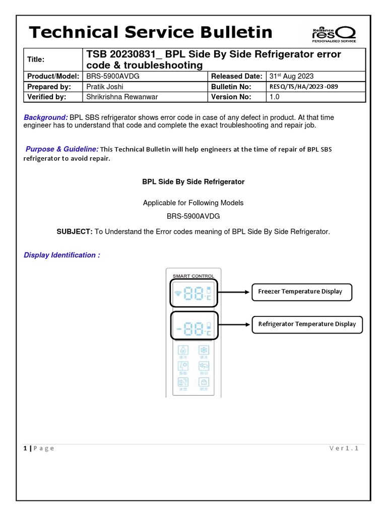 TSB 20230831_ BPL Side By Side Refrigerator error code & troubleshooting | PDF | Refrigerator ...