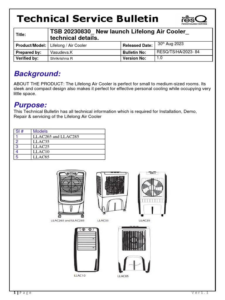 TSB 20230830 - New Launch Lifelong Air Cooler - Technical Details | PDF ... TSB 20230830 - New Launch Lifelong Air Cooler - Technical Details | PDF ...