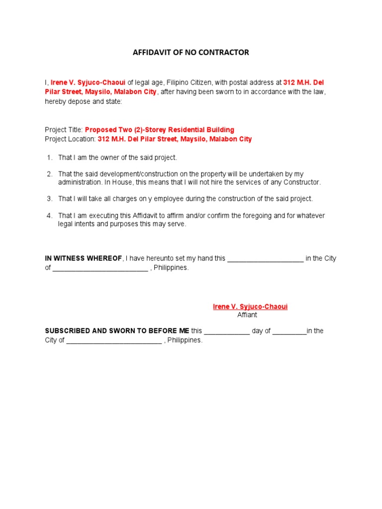 Homeowner's DIY Construction Affidavit | PDF