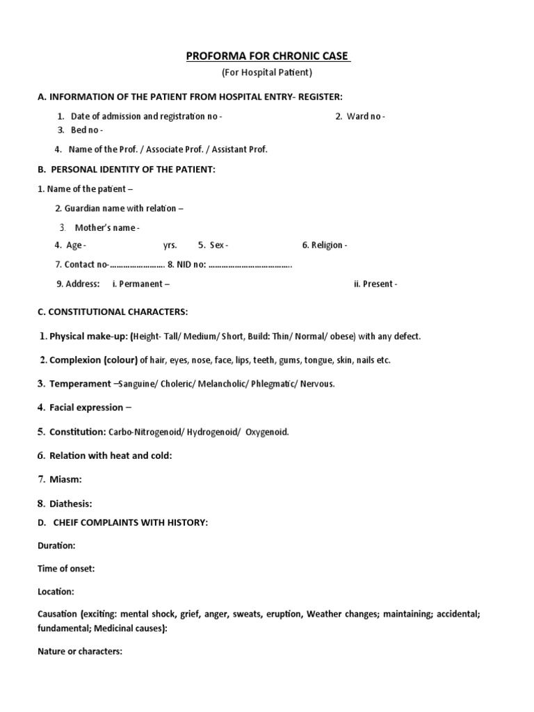 Proforma For Chronic Case | PDF | Taste | Sexual Intercourse