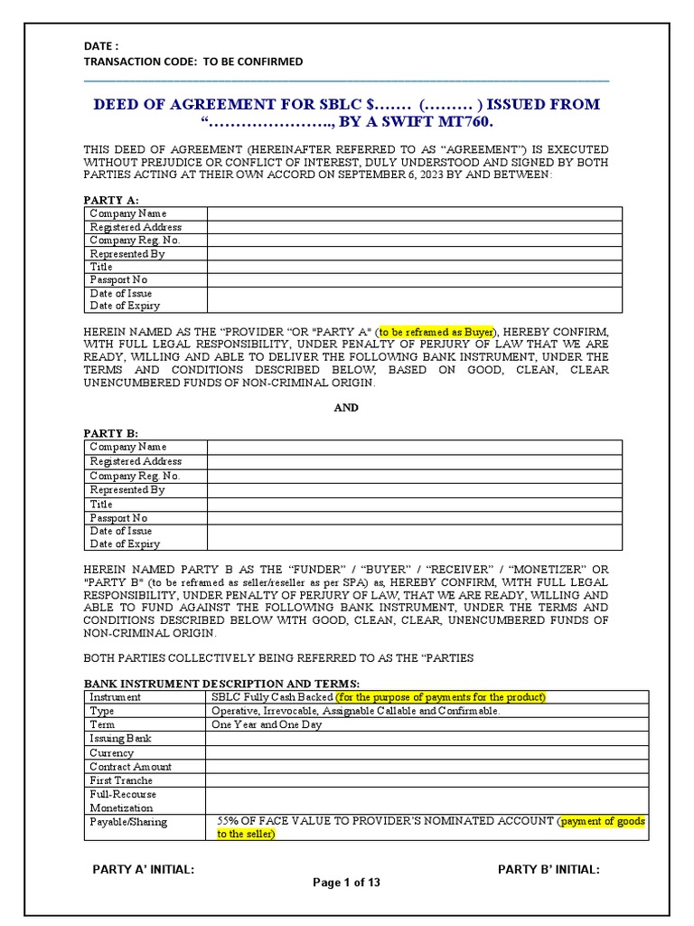 DOA SBLC FreshCut 55% - PHendra | PDF | Letter Of Credit | Money Laundering