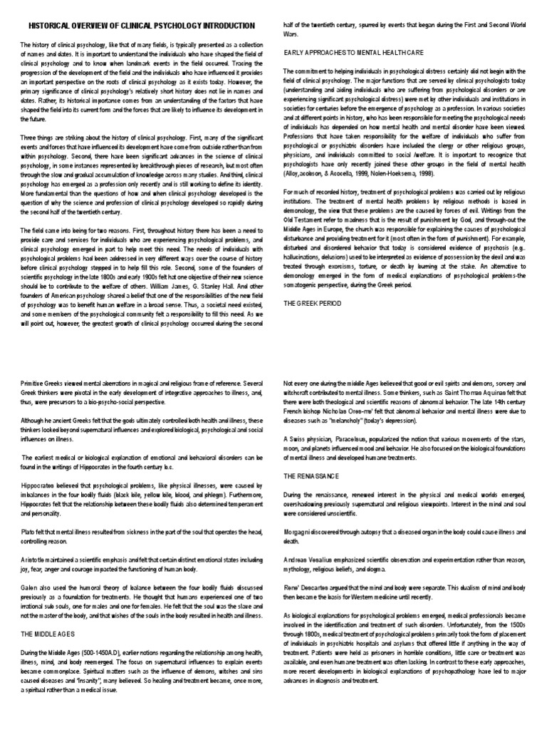 Historical Overview of Clinical Psychology Introduction | PDF