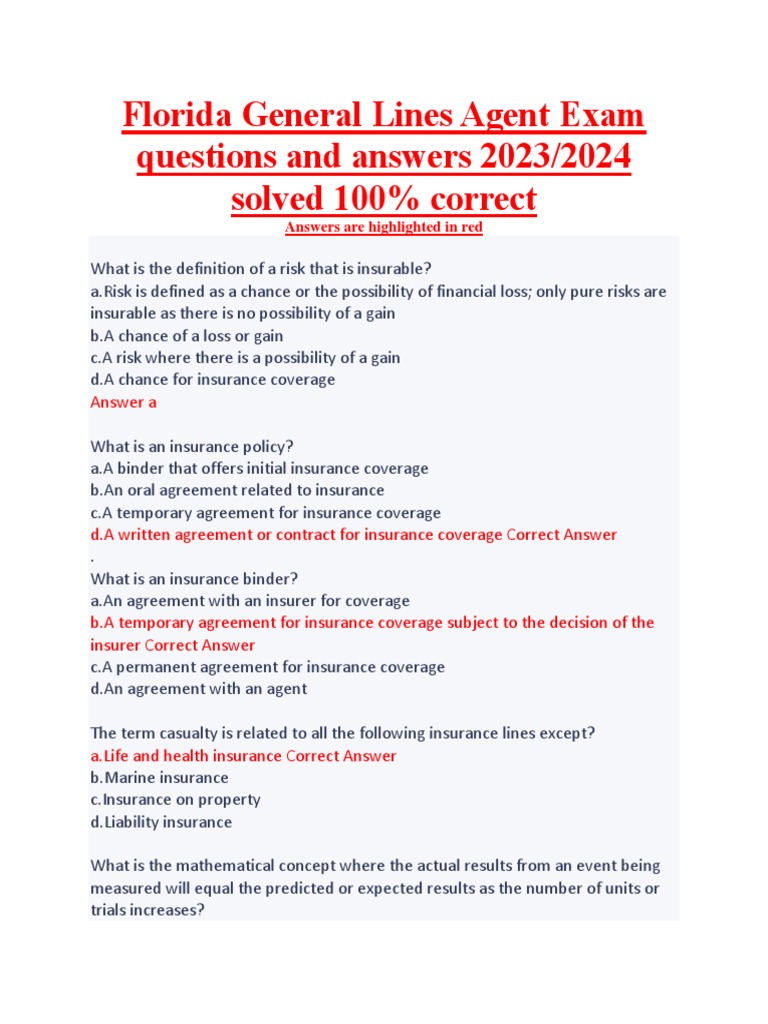Florida General Lines Agent Exam Questions and Answers 2023 | PDF ...