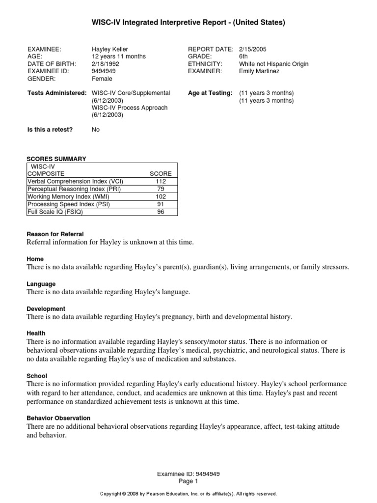 WISCIV Integrated Writer Sample Report 2 | PDF | Wechsler Adult ...