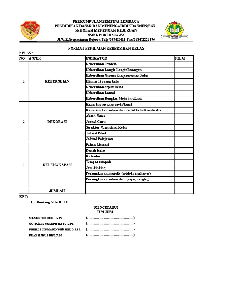 Form Penilaian Lomba Kebersihan Kelas | PDF