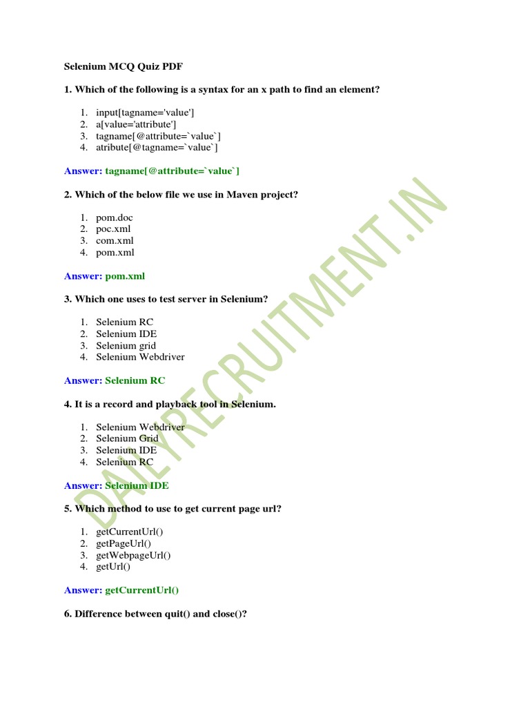 Selenium MCQ Quiz PDF | PDF | Selenium (Software) | Computer Engineering Selenium MCQ Quiz PDF | PDF | Selenium (Software) | Computer Engineering