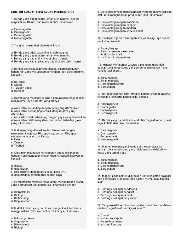 Contoh Soal PTS Ipa Kelas 9 Semester 2 | PDF Contoh Soal PTS Ipa Kelas 9 Semester 2 | PDF