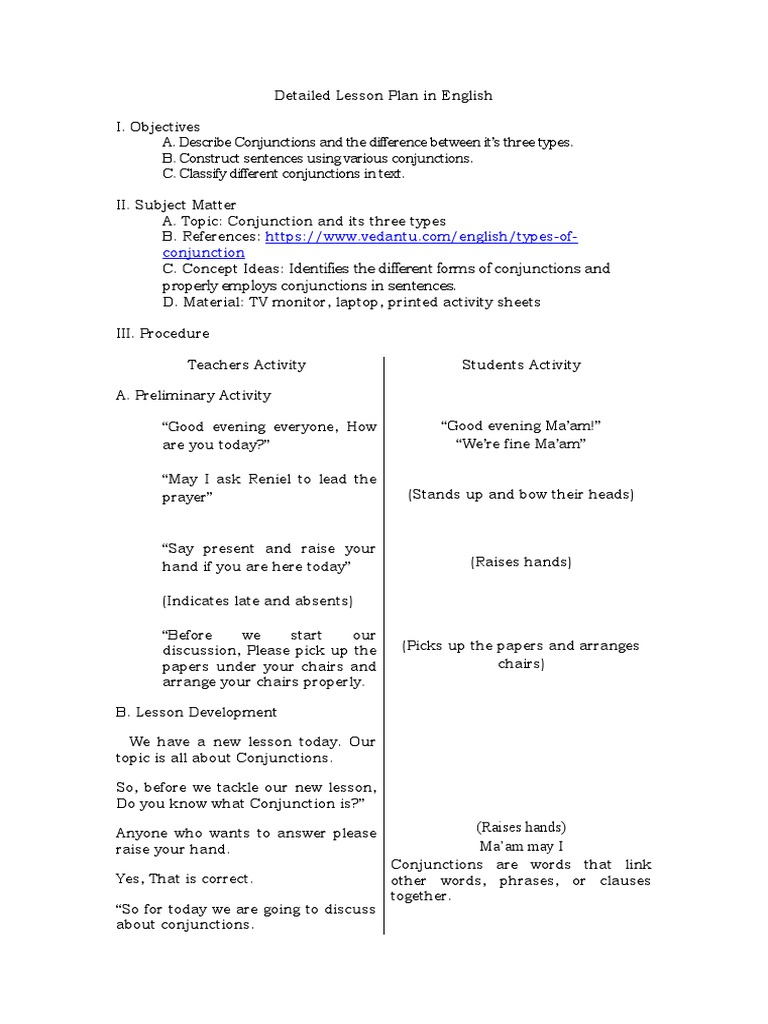 Conjunctions Lesson Plan for Primary Students | PDF | Linguistics ...