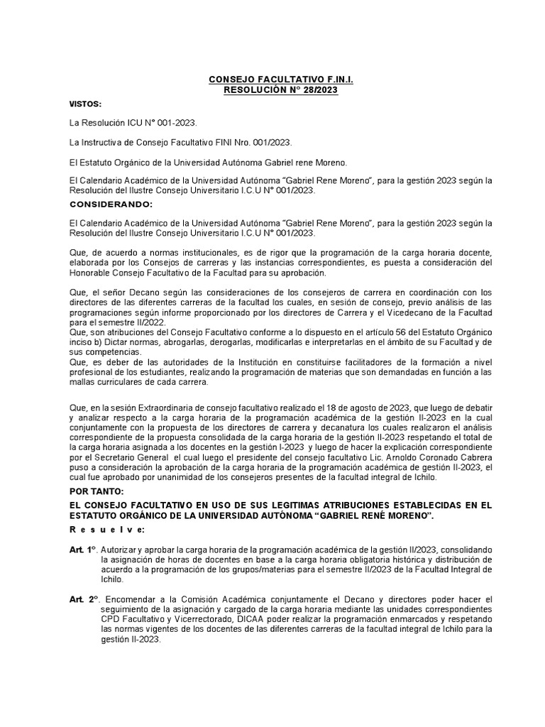Resolucion Facultativa 028-2023, Aprobacion de La Carga Horaria de La ... Resolucion Facultativa 028-2023, Aprobacion de La Carga Horaria de La ...