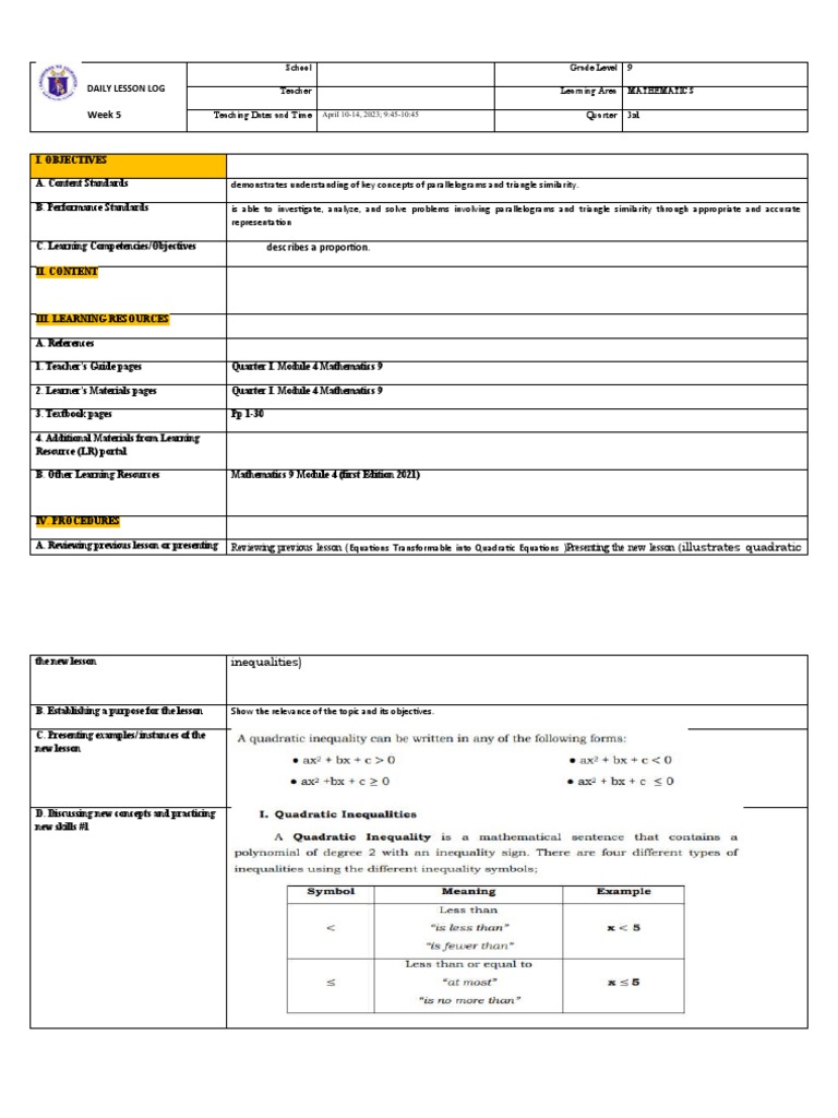 Math 9 DLL | PDF | Mathematics | Quadratic Equation