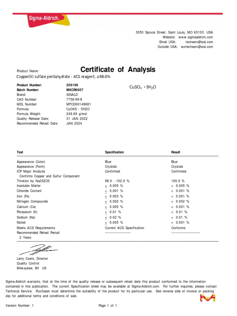 Copper Sulfate Pentahydrate COA | PDF | Physical Sciences | Atoms