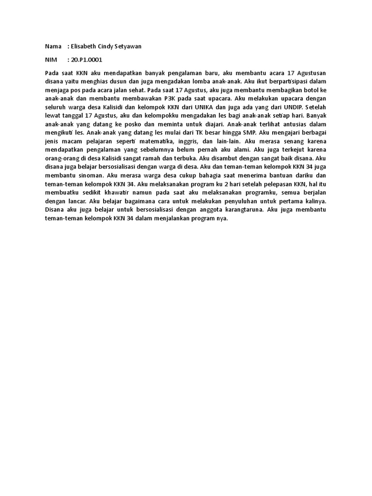 Refleksi KKN Elisabeth Cindy Setyawan | PDF