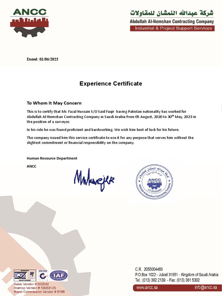 Experience Certificate Fazal Surveyor ANCC | PDF