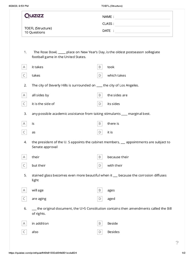 TOEFL Structure Quiz: 10 Questions | PDF