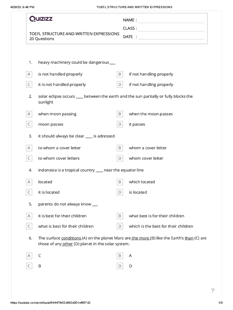 TOEFL Structure & Written Expressions Quiz | PDF | Moon | Earth