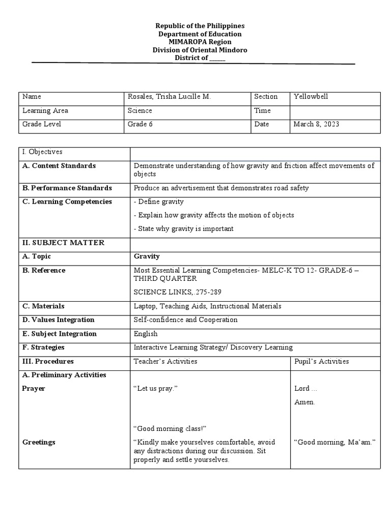 Gravity Lesson Plan for Grade 6 | PDF | Gravity | Force
