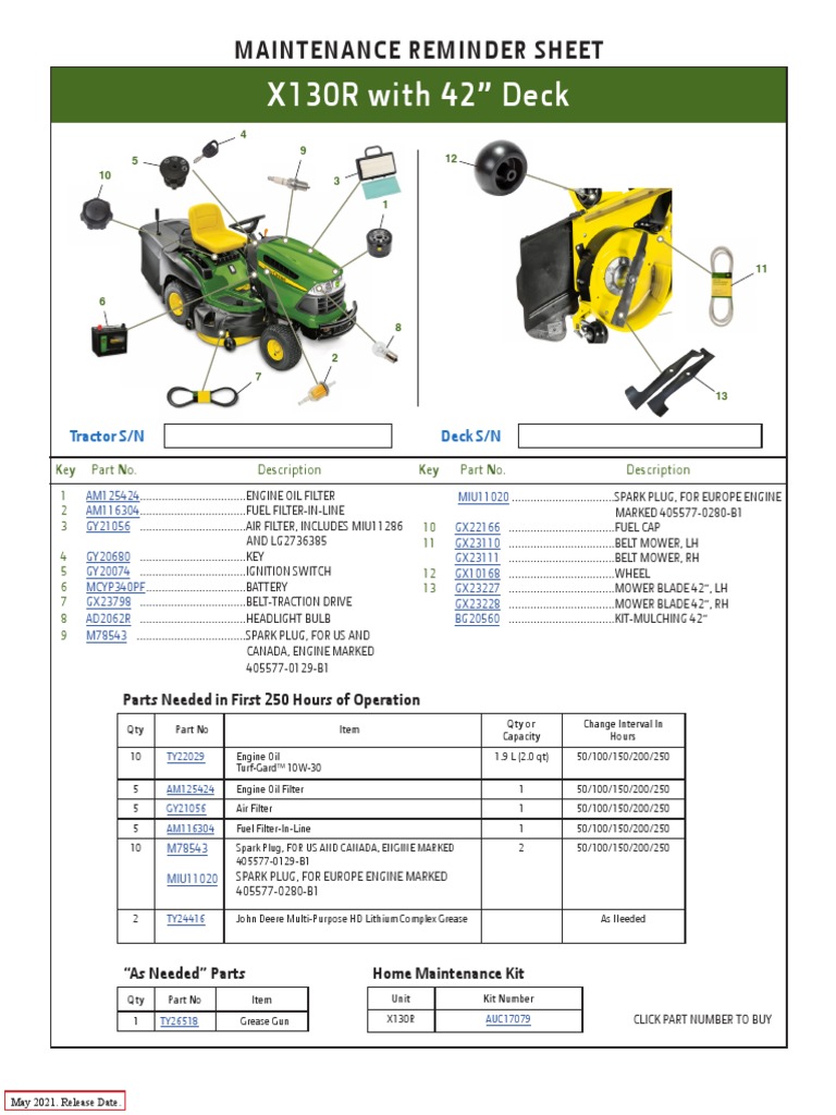 X130R With 42 Deck Maintenance Reminder Sheet | PDF | Propulsion | Machines