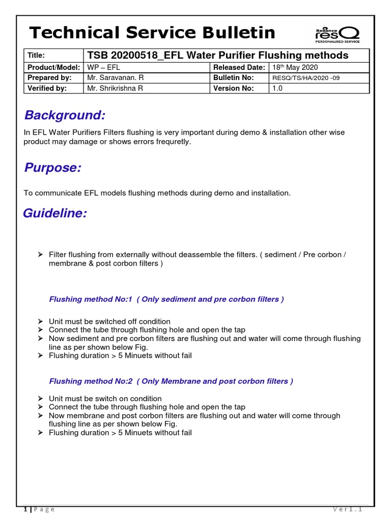 EFL Water Purifier Flushing Guide | PDF