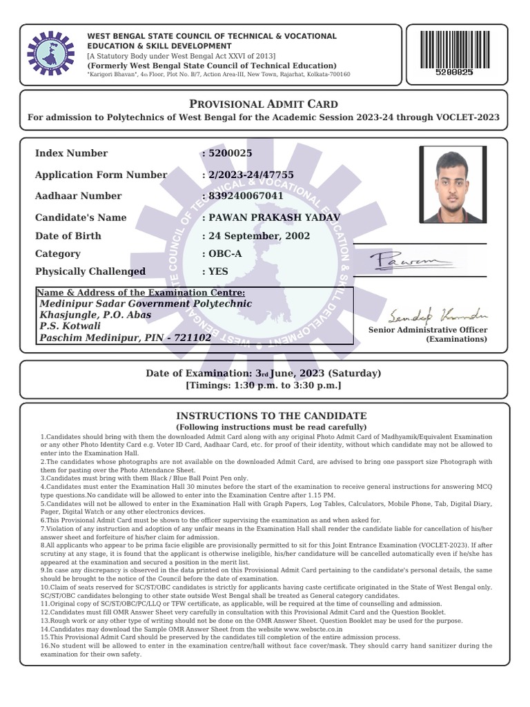 VOCLET-2023 Provisional Admit Card | PDF