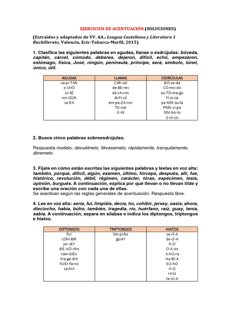 Ejercicios de Acentuación Resueltos PDF | PDF | Morfología Lingüística ...