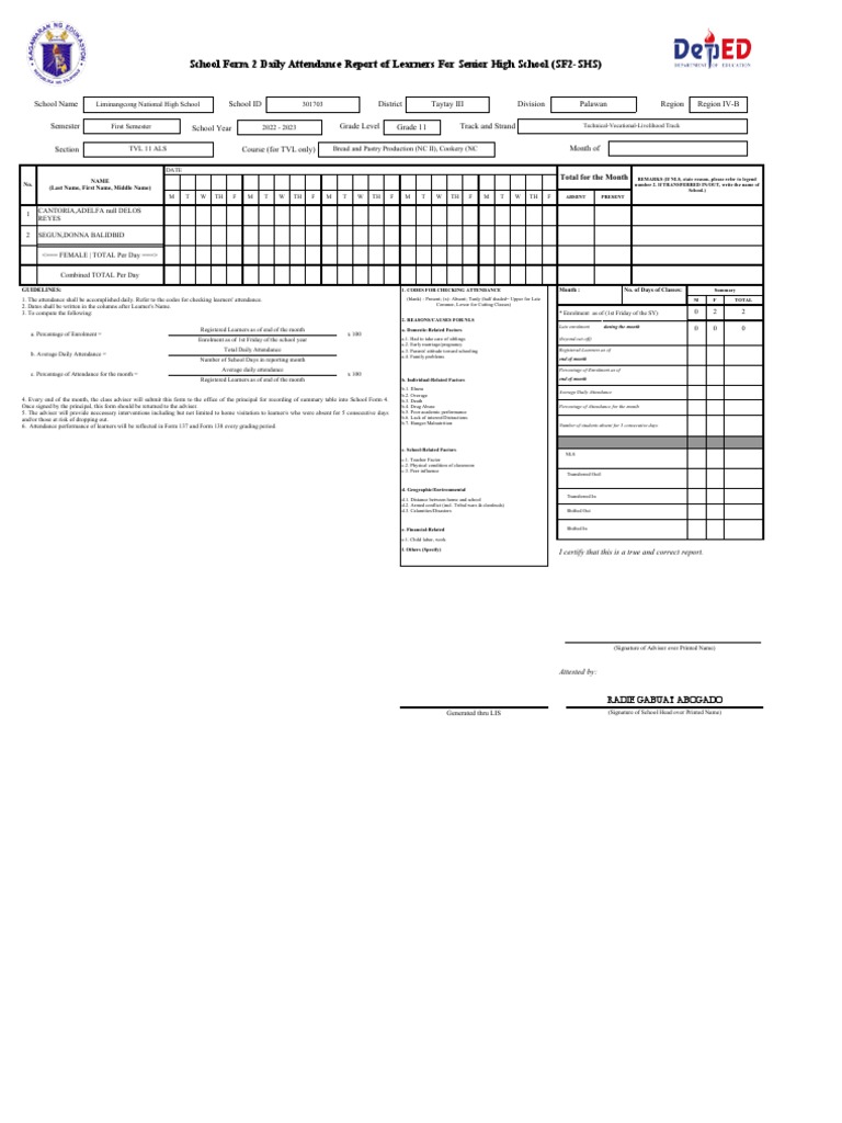 School Form 2 (SF 2) (H.E BPP 1ST SEM) | PDF | Family | Human Development