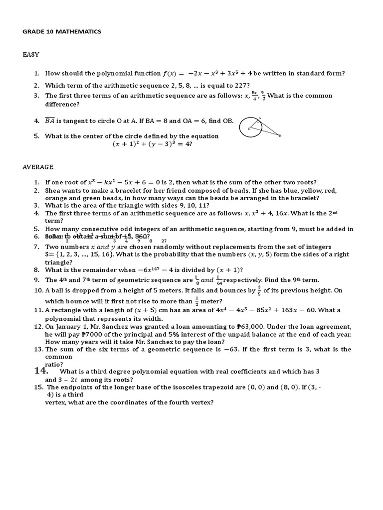 Grade 10 Math Competition Problems and Answer Key | PDF | Area | Circle