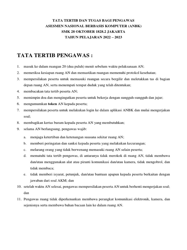 Tata Tertib Dan Tugas Bagi Pengawas Anbk | PDF