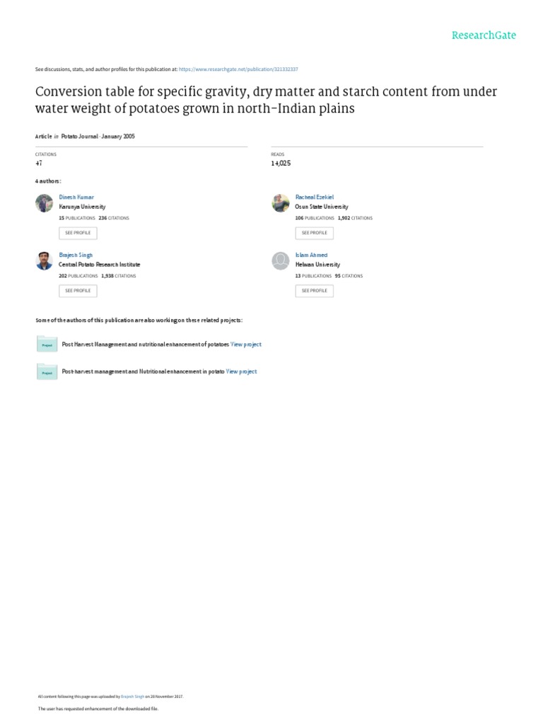Conversion Table For Potato Specific Gravity | PDF | Potato | Weight