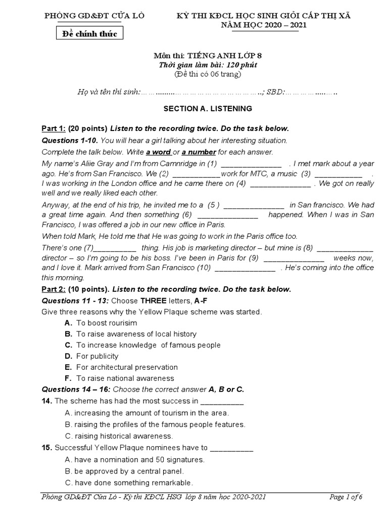 Đề HSG anh 8 2020-2021 1 | PDF