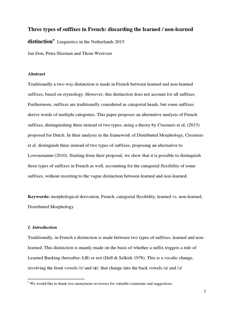 Don, Sleeman, Westveer Three Types of Suffixes in French | PDF ...