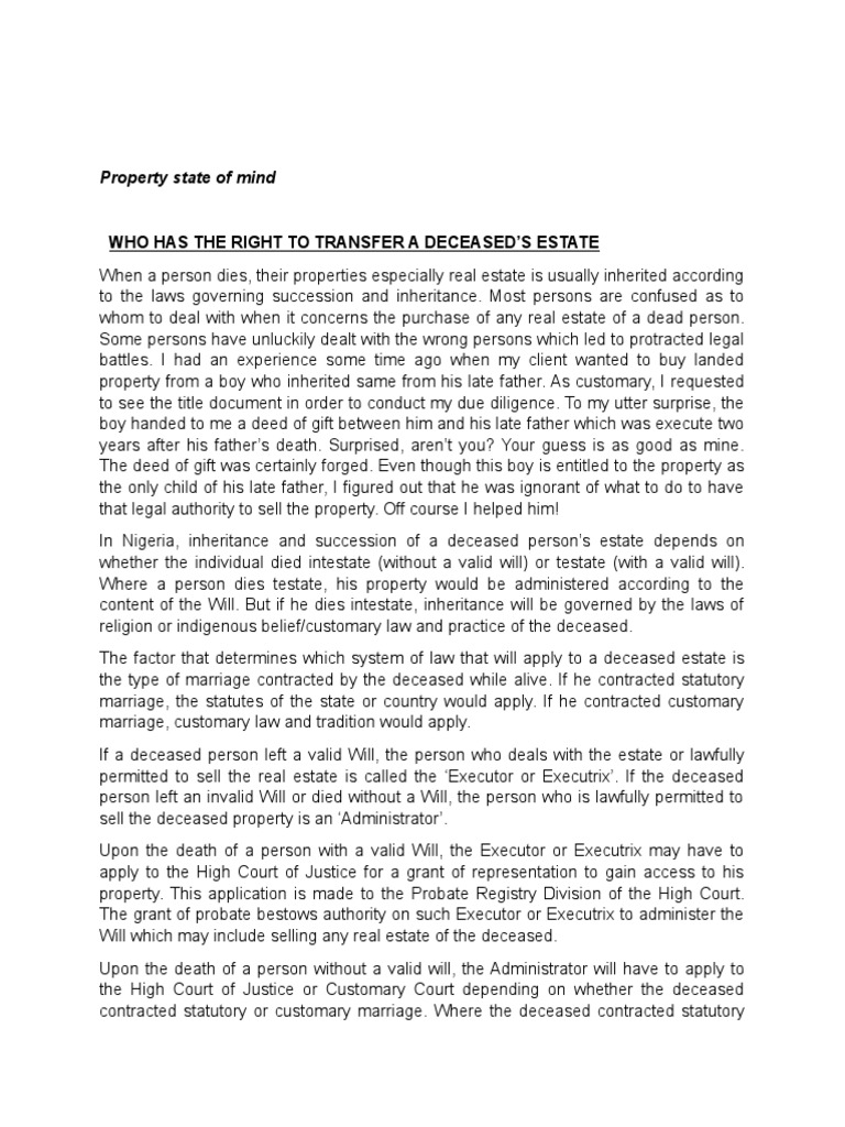 Who Has The Right To Tranfer A Deceased Estate Download Free Pdf