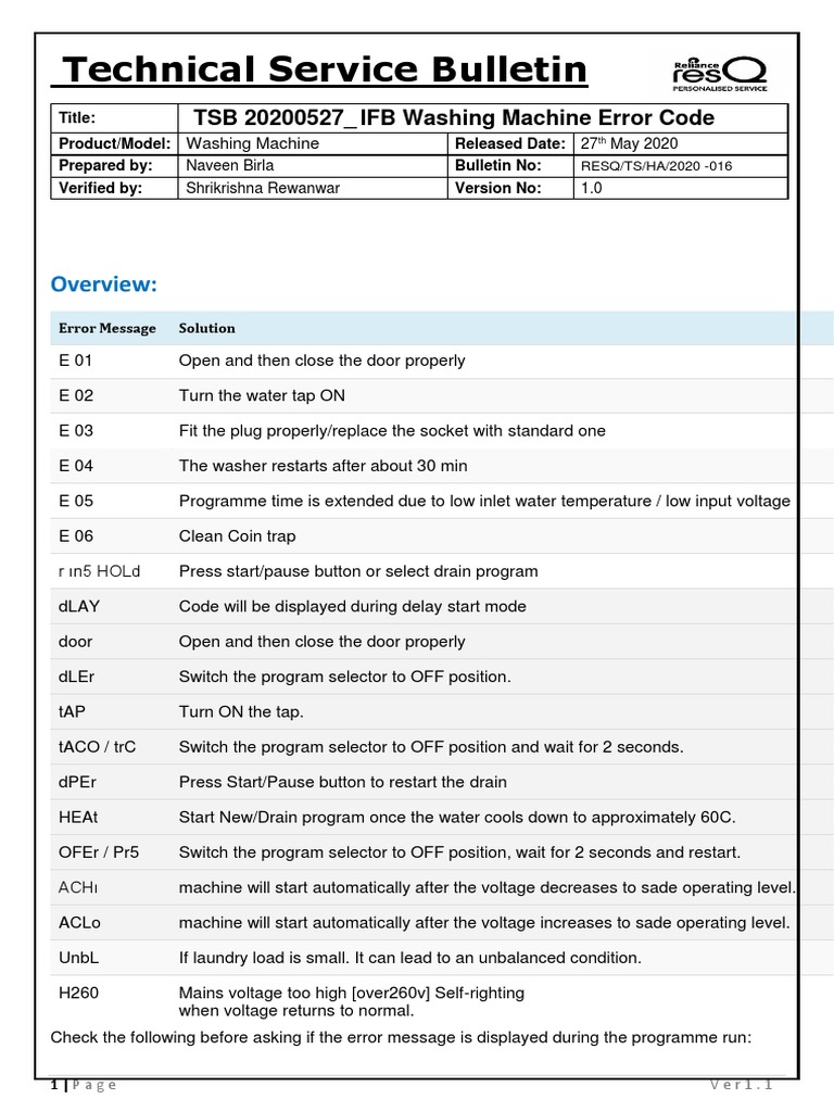 TSB 20200527 - IFB Washing Machine Error Code | PDF | Washing Machine ...
