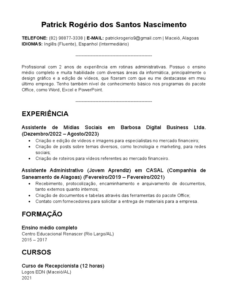 Currículo - Patrick Rogério | PDF
