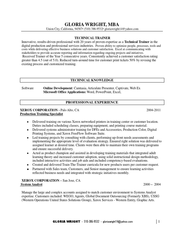 Training Specialist Technical Trainer in San Francisco Bay CA Resume Gloria Wright | PDF ...