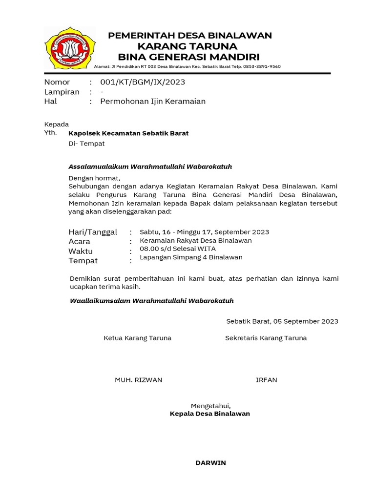 Permohonan Izin Keramaian Desa Binalawan | PDF
