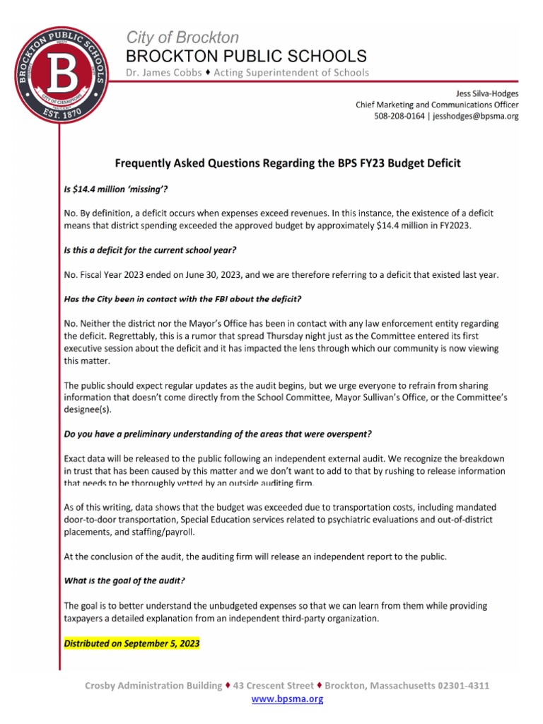 Frequently Asked Questions Regarding The BPS FY23 Budget Deficit | PDF | Government Budget ...