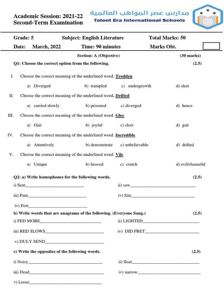 Grade 5 English Literature Exam 2022 | PDF
