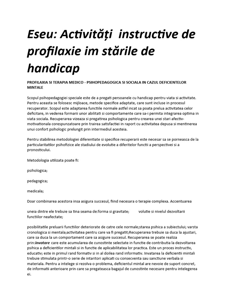 Eseu: Activități Instructive de Profilaxie Im Stările de Handicap | PDF