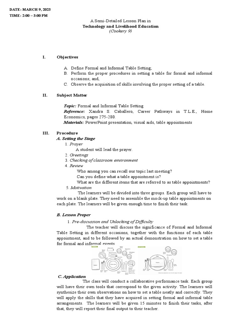 Table Setting Cot | PDF | Learning | Teachers