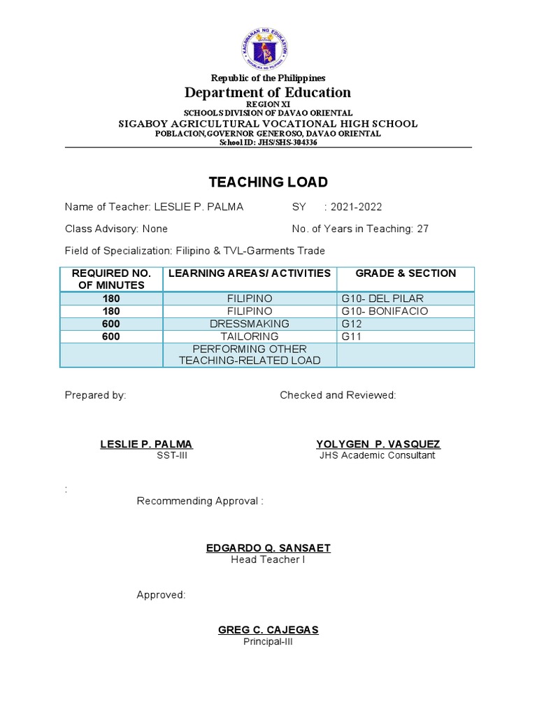 Teaching Load & Schedule 2021-2022 | PDF | Philippines